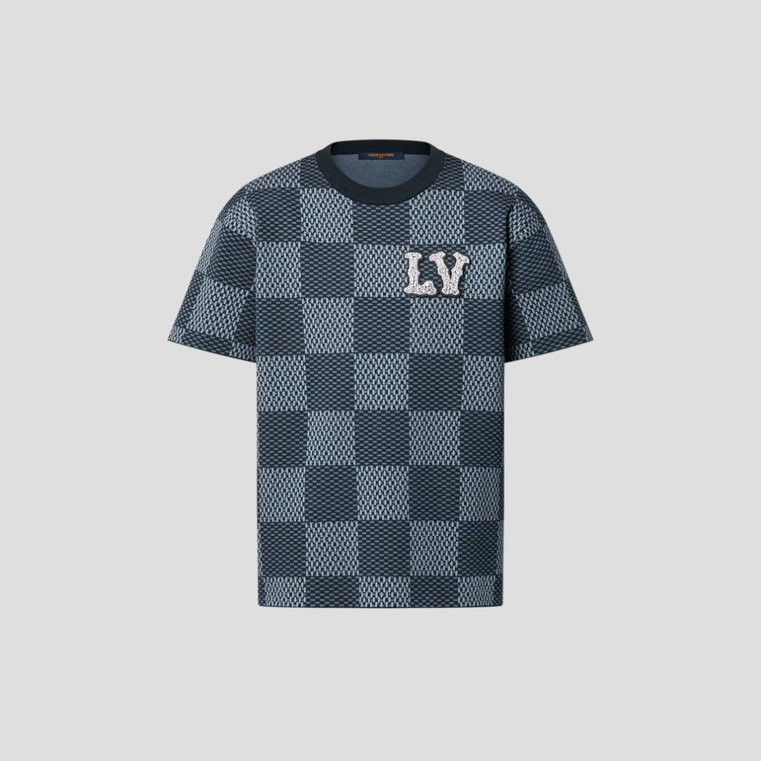 Áo Phông Louis Vuitton Blue Damier Crewneck With Crystal LV Patch - 1AGHTK