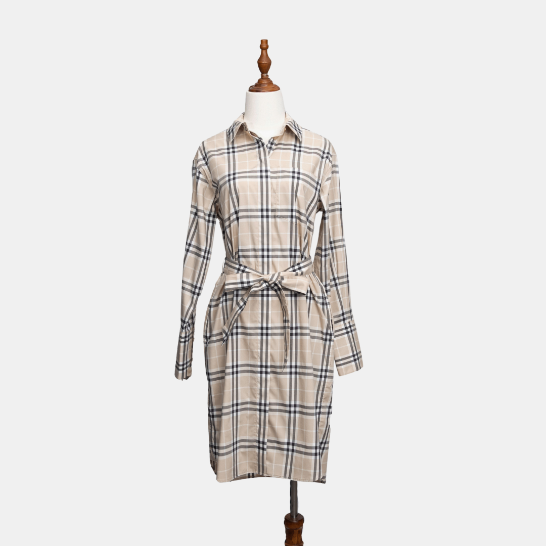 Váy Burberry Soft Fawn Check Cotton Belted Dress Beige - 8104401