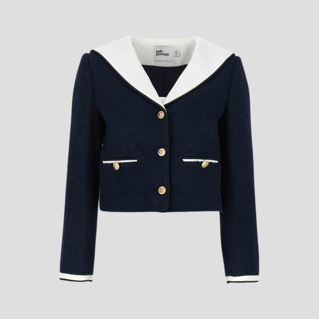 Áo Khoác Self-Portrait Navy Blue Bouclé Cropped - PF25-034J-BL