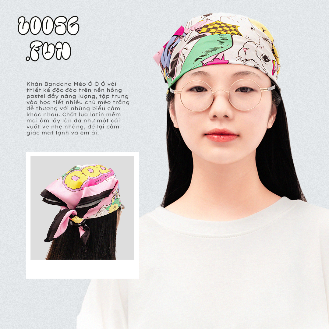 Khăn Bandana Lụa Latin Mèo Cute Ỏoo 60x60cm