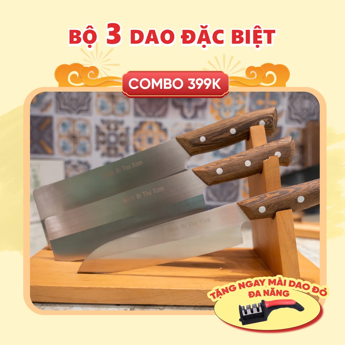 Bộ 3 Dao bếp chú Minh - Đặc biệt + mài dao