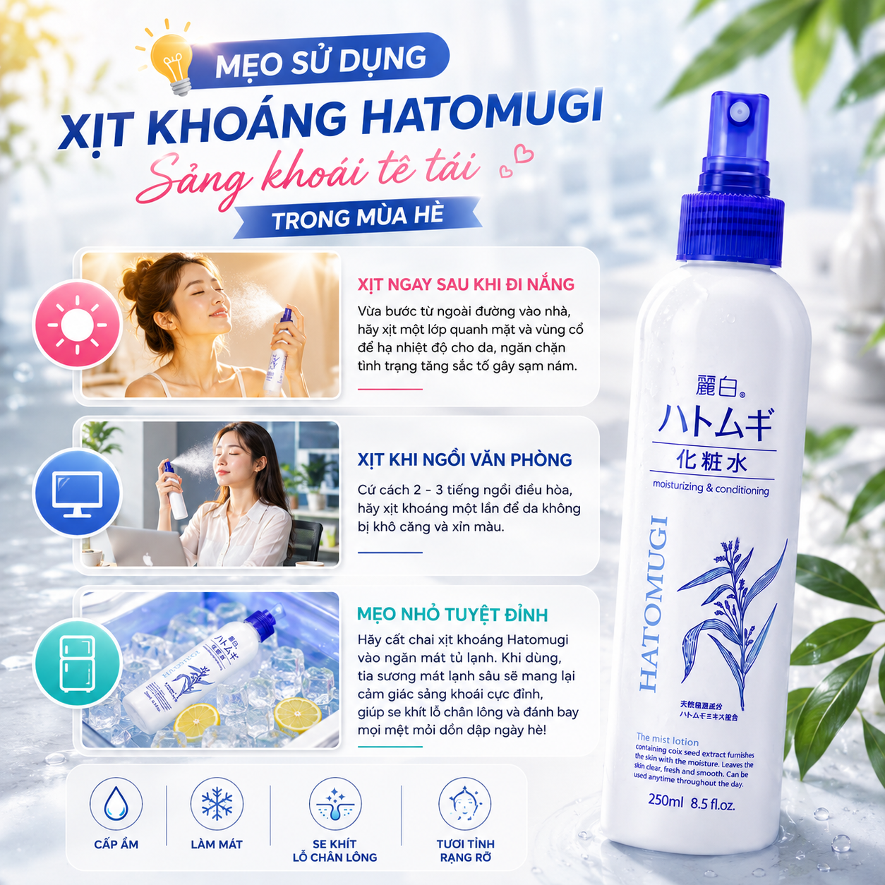 XỊT KHOÁNG HATOMUGI NHẬT BẢN - GIẢI PHÁP CẤP ẨM VÀ LÀM DỊU DA TRONG MÙA HÈ