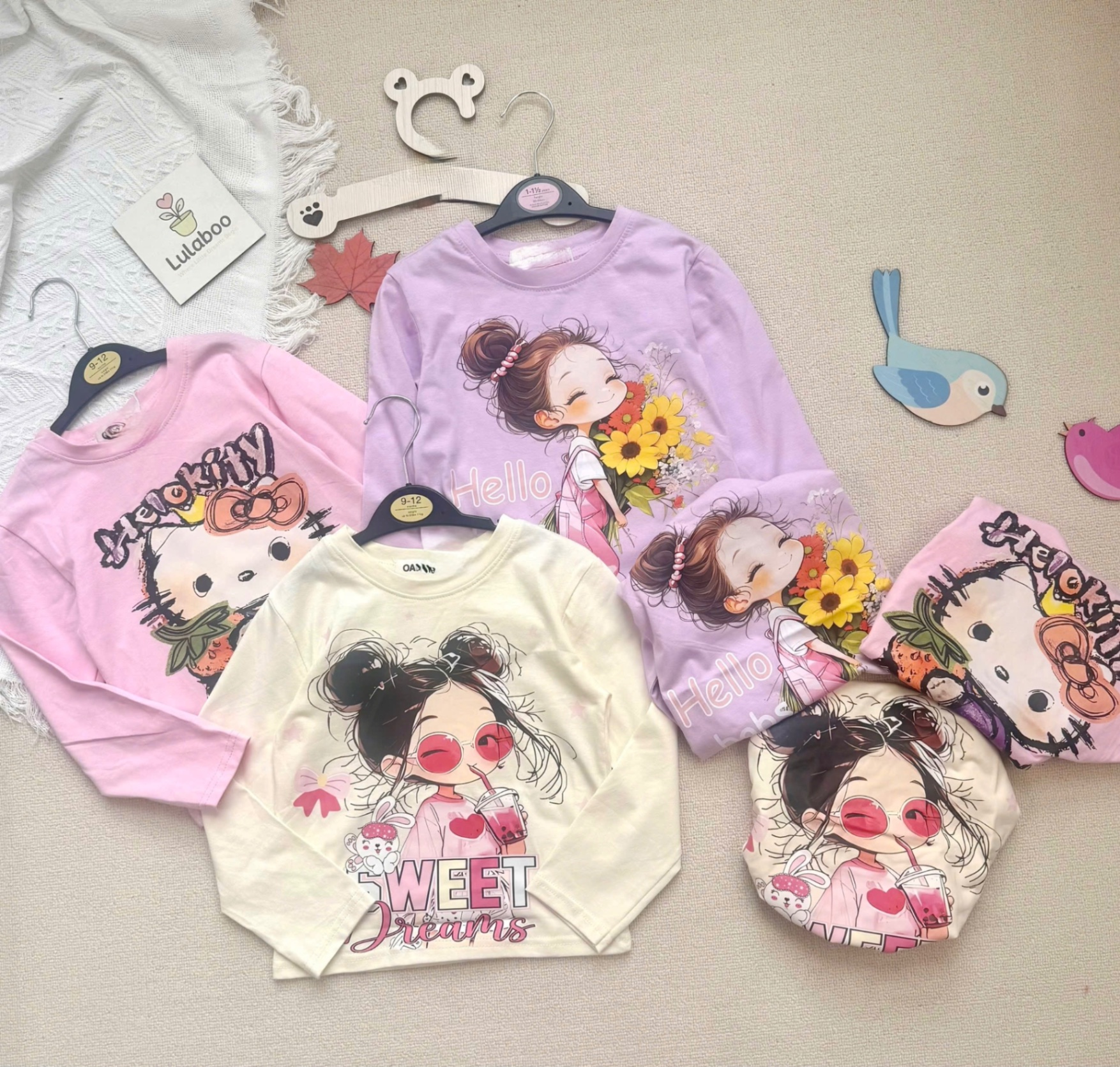 AB752 - SET 3 ÁO BÉ GÁI DÀI TAY CÔ BÉ HOA tím hồng be