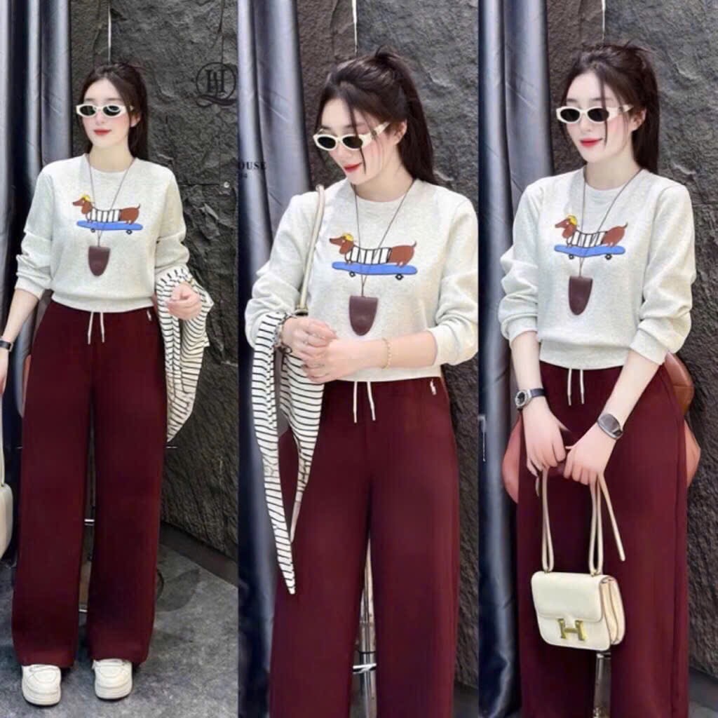 S249 - BỘ NỮ NỈ HAIDA ÁO GHI CHÓ QUẦN SUÔNG ĐỎ