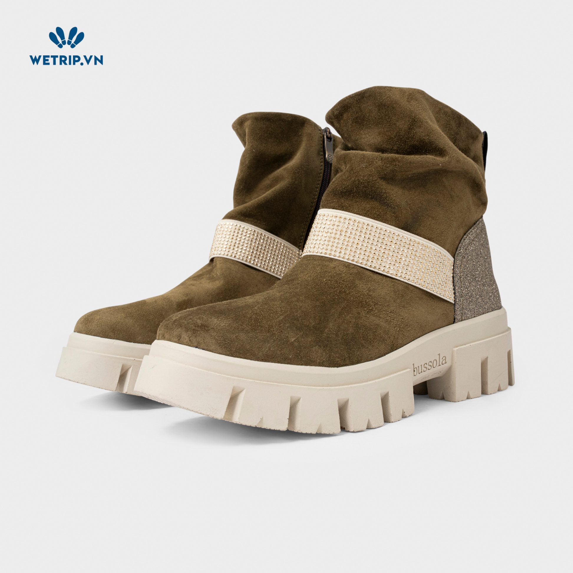 Boots Lửng Đế Bằng Bussola (Da-Rêu gót kim tuyến) Mã BL-DB-BSL-113-B