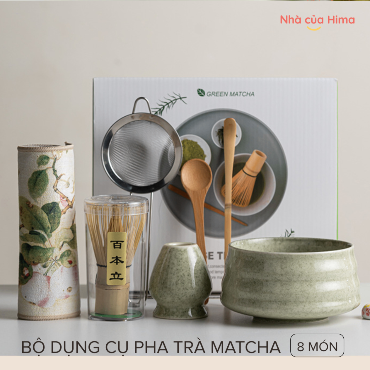 Bộ dụng cụ pha trà matcha 8 món men mộc xanh