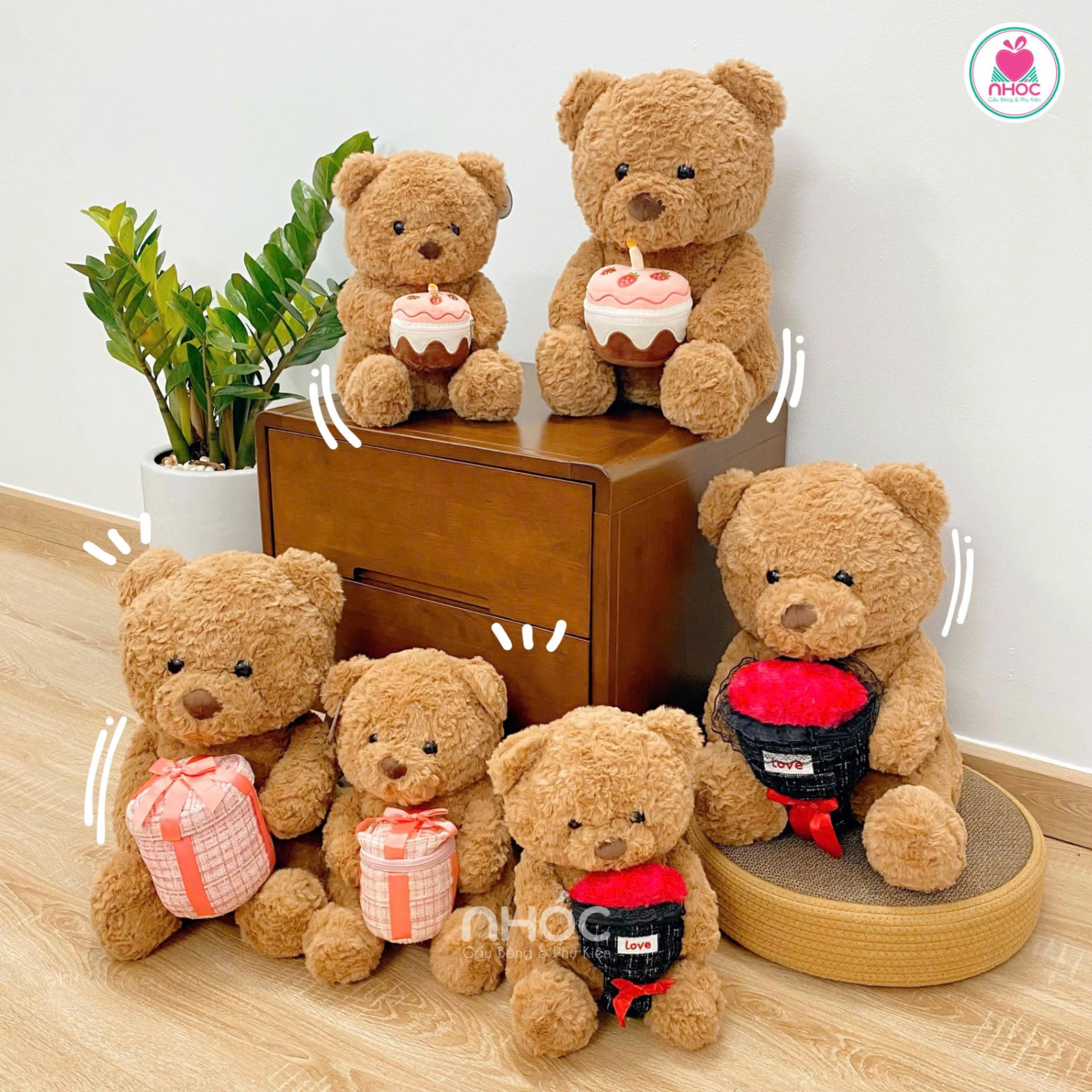 Gấu teddy ôm quà tặng lông xù ngồi