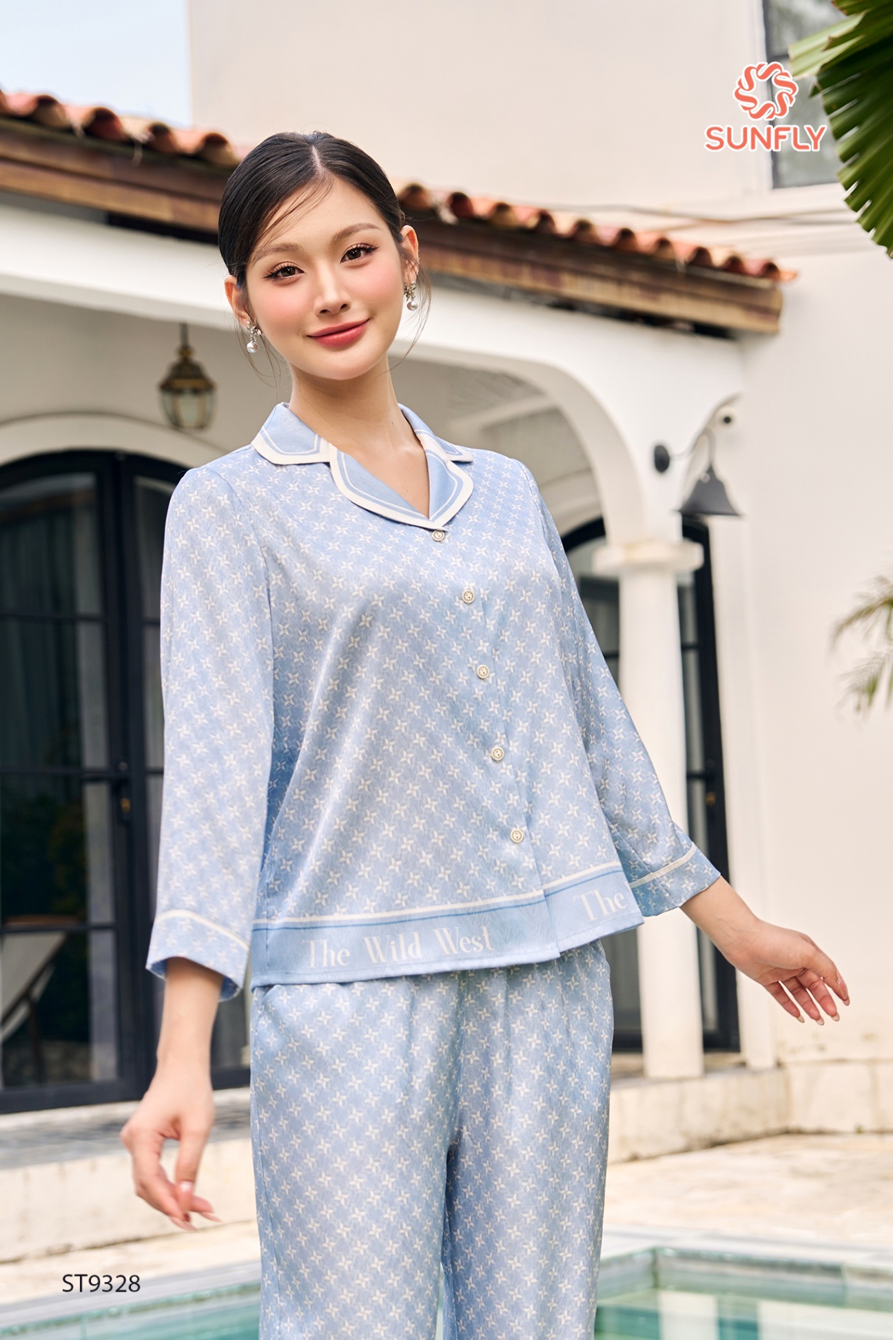 Bộ pijama nữ lụa satin Jacquard áo tay lỡ quần dài ST9328