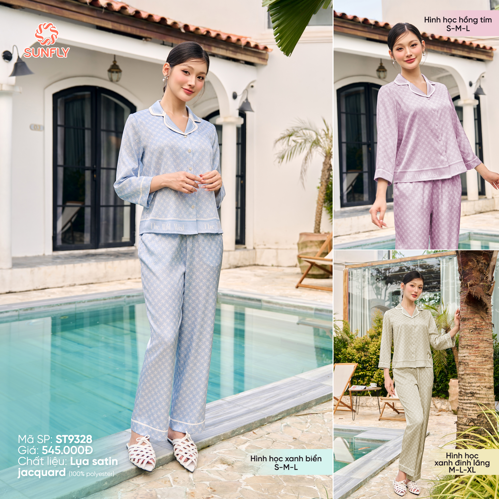 Bộ pijama nữ lụa satin Jacquard áo tay lỡ quần dài ST9328