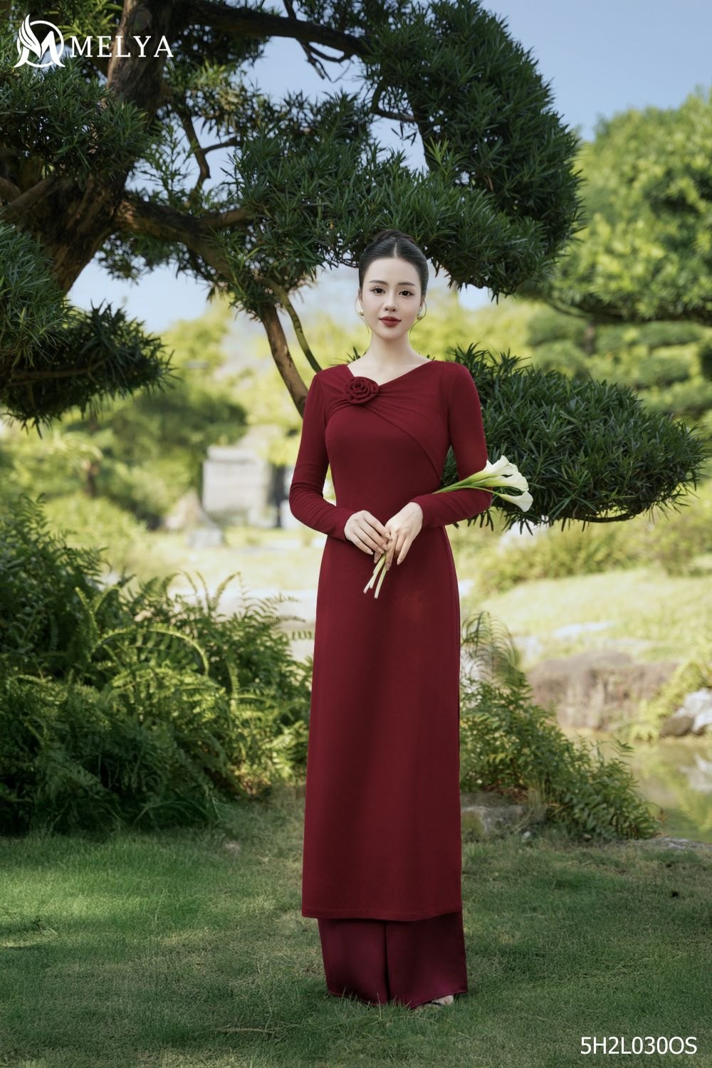 Áo dài - Len tăm hoa 3D - Đỏ đô