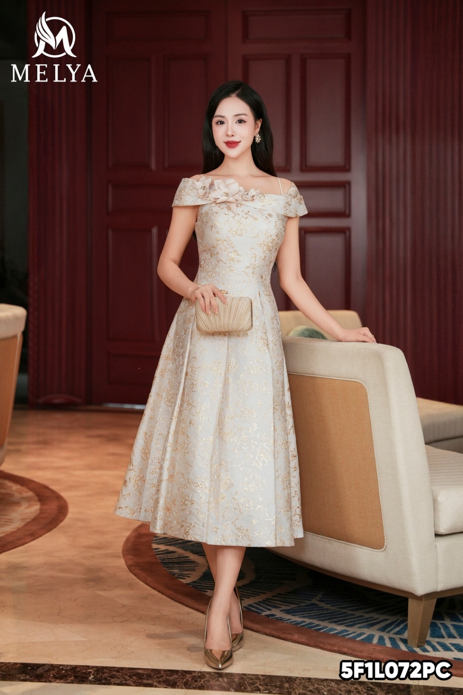 Đầm xoè - Sandy dress gấm hoa vai - Be vàng
