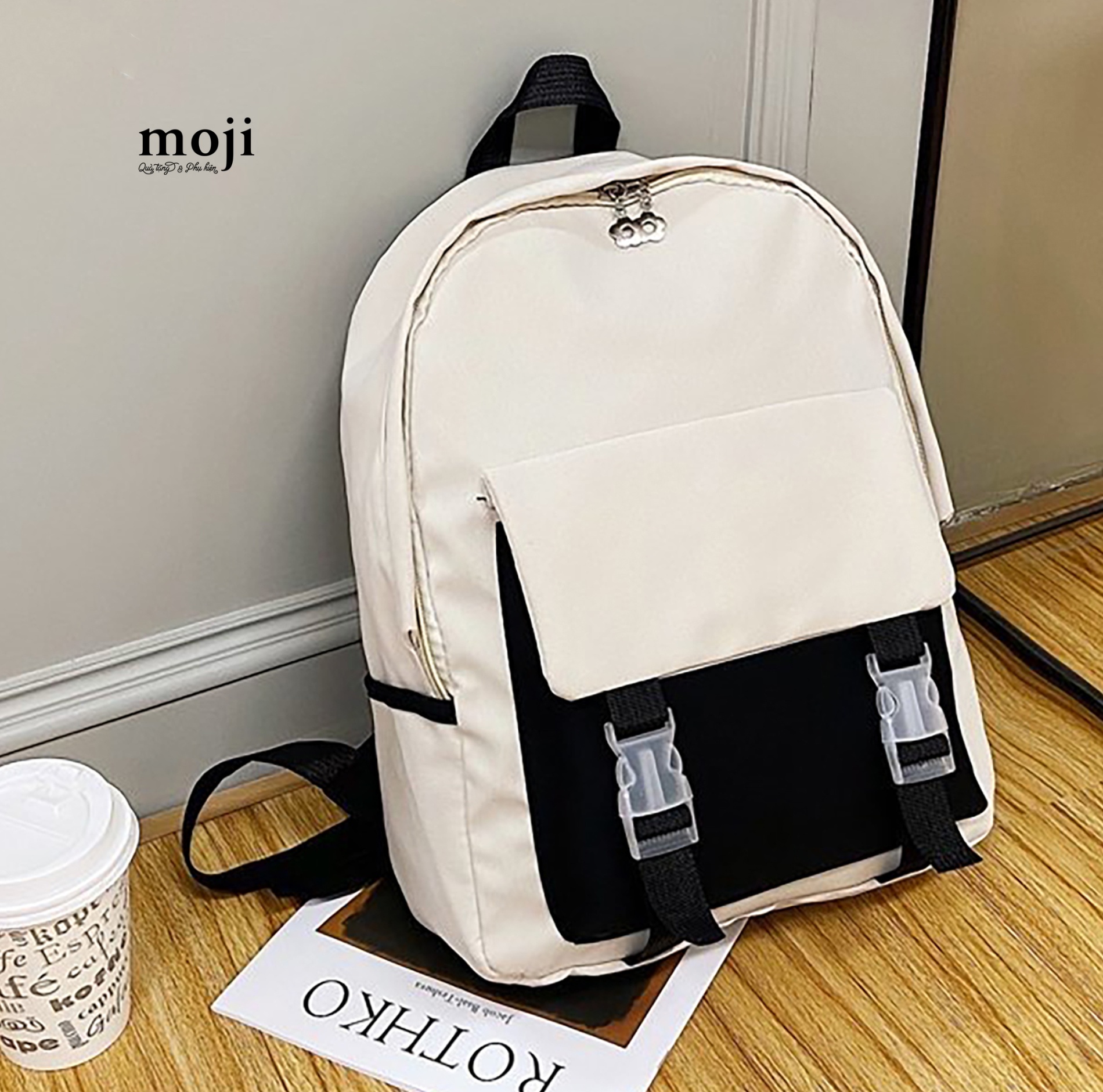 Balo vải ngăn ngoài nắp gập khóa cài phối màu 14x30x40