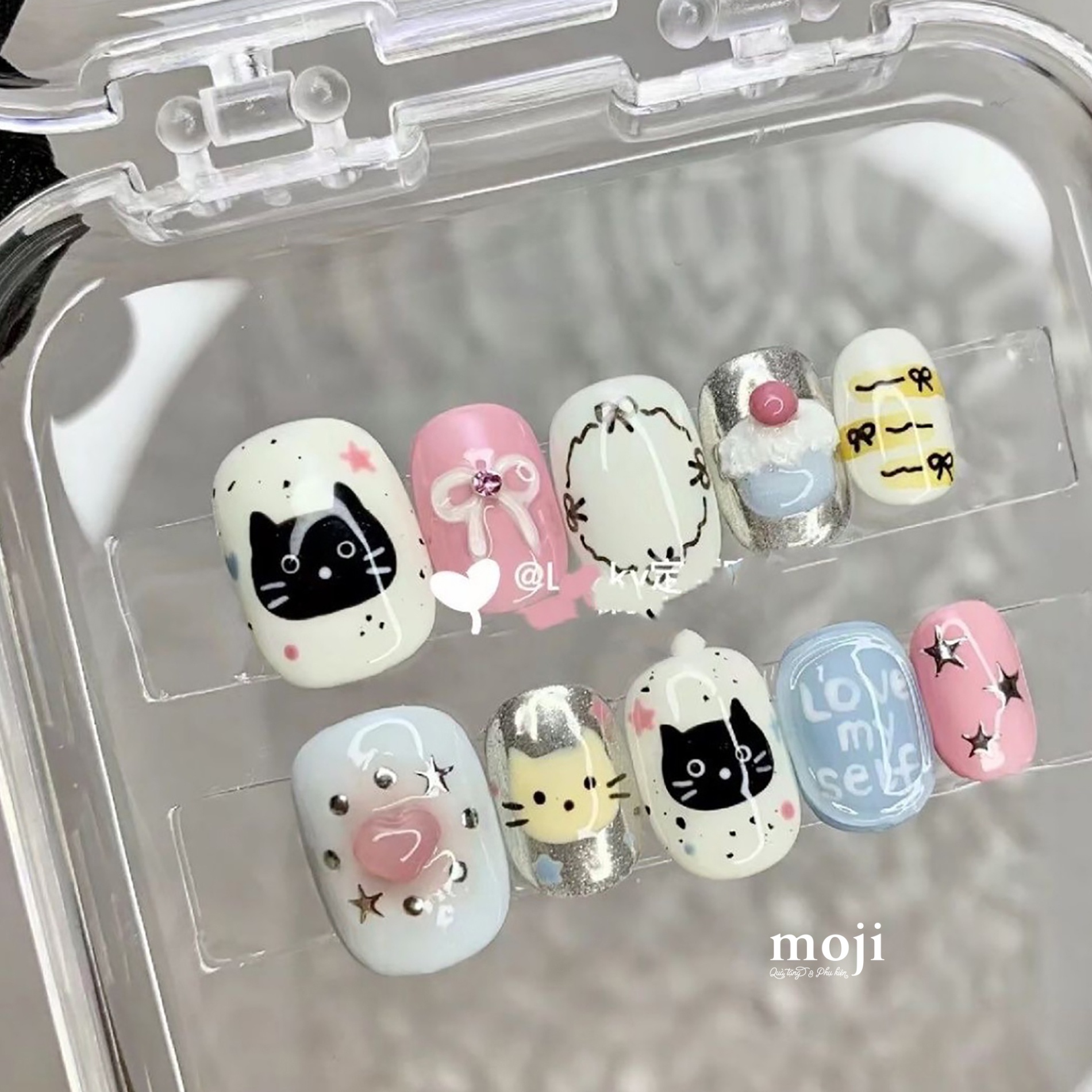 Móng tay giả cao cấp thạch Cat face love myself bow nơ kèm keo set10