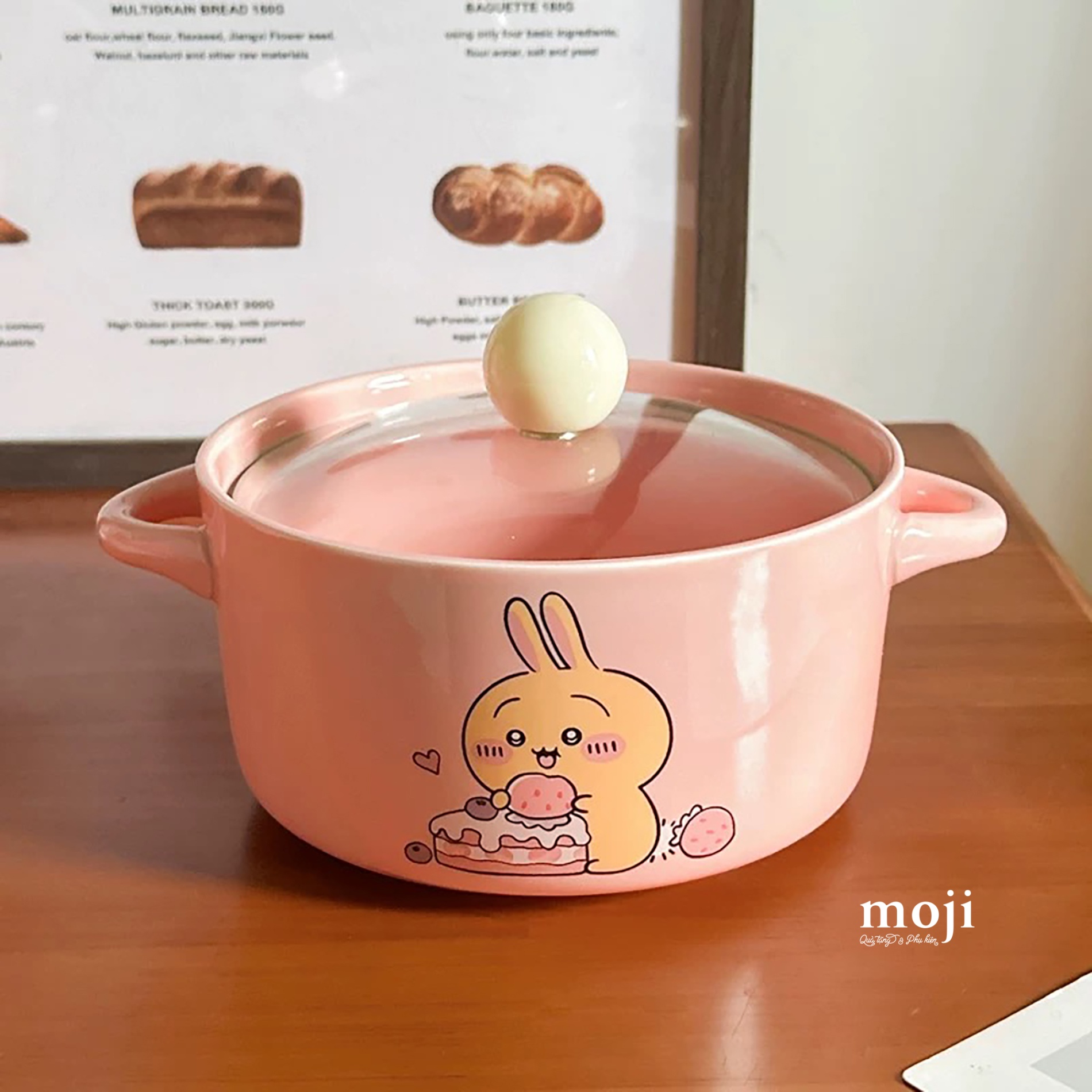 Chén bát gốm sứ kèm nắp thủy tinh Chiikawa Usagi cake 8x14x20