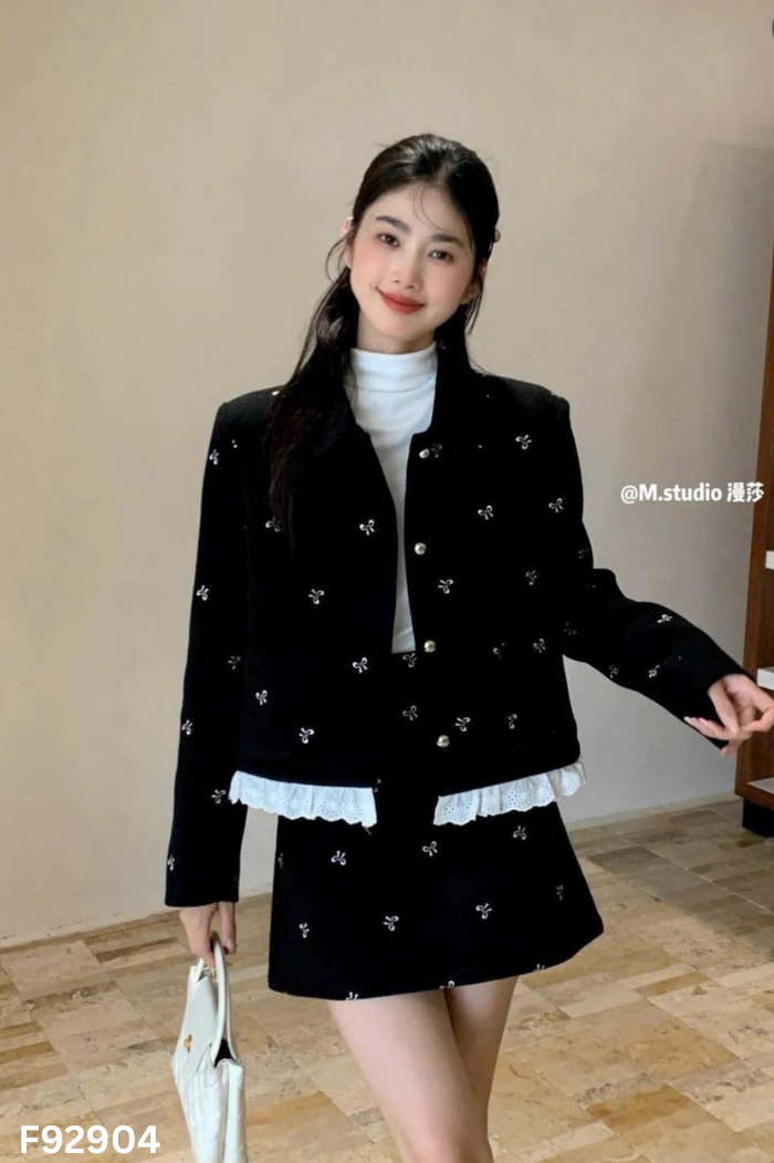 NEWTAG Set Áo dạ đen hình nơ + chân váy