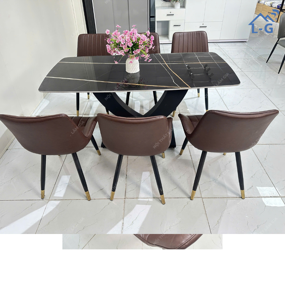 Bộ Bàn Ăn Mặt Đá Ceramic Chân Vin + 6 Ghế Loft Sọc (BBAMDCRMCV+6GLS)