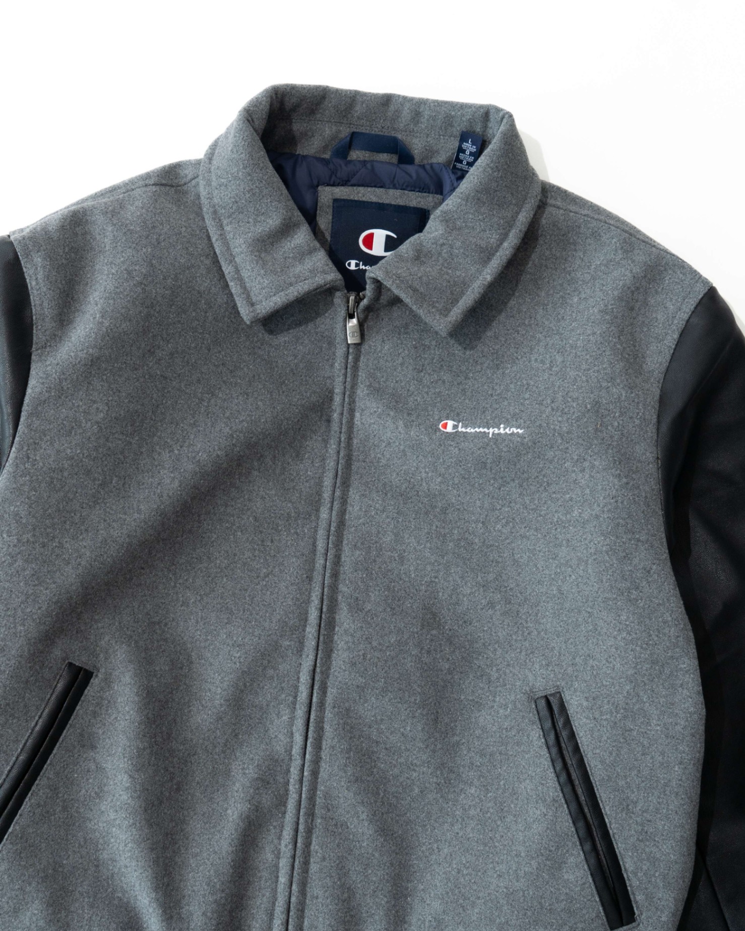 CHAM.PI.ON MIXED-MEDIA ZIP VARSITY JACKET