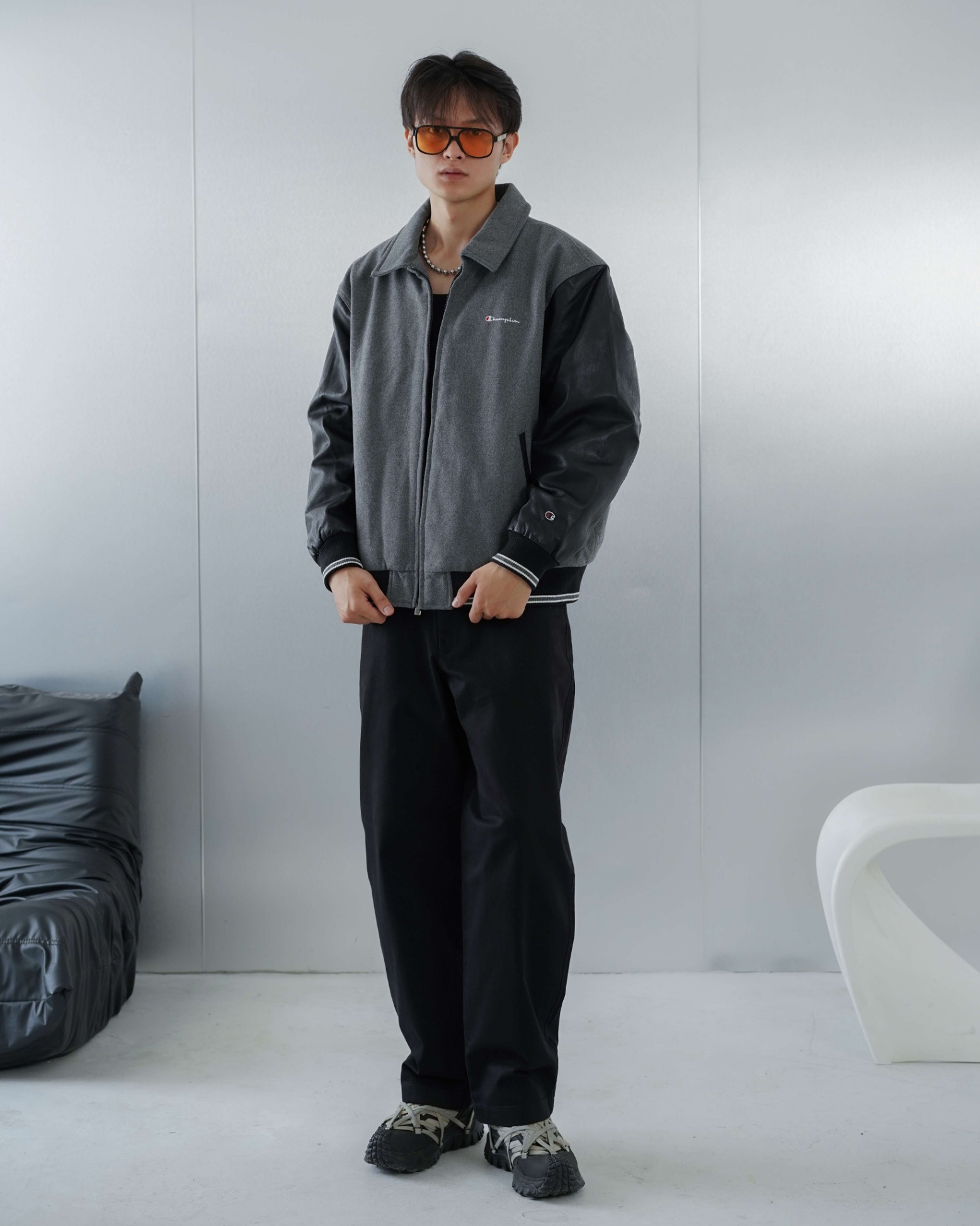 CHAM.PI.ON MIXED-MEDIA ZIP VARSITY JACKET